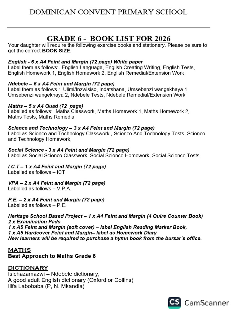 Grade 6 Book List for Dominican School | PDF