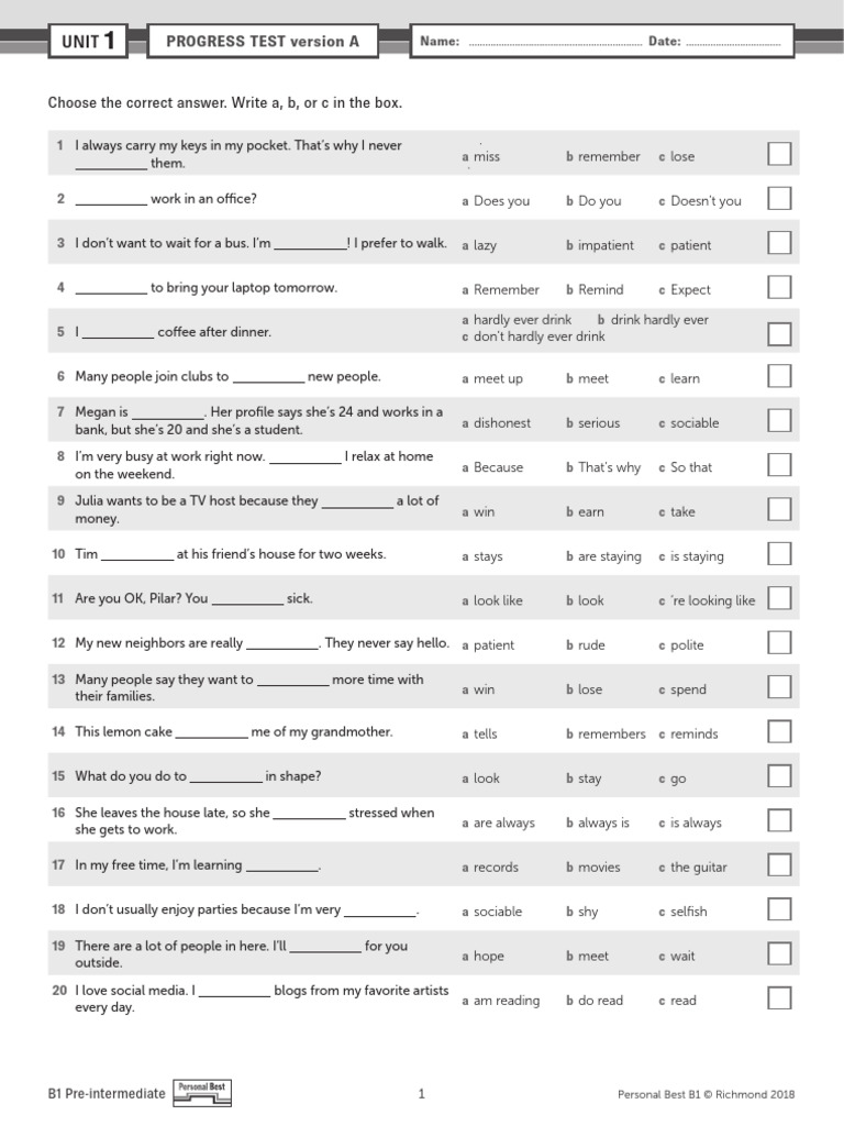 B1 English Progress Test: Unit 1 | PDF