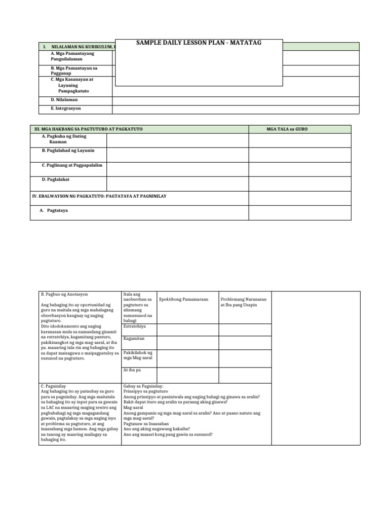 Session 6 Sample Daily Lesson Plan MATATAG Template | PDF