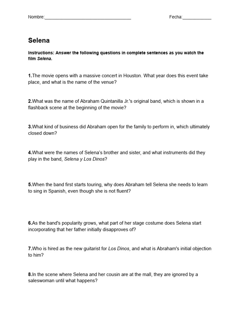 Selena Movie Questions - Google Docs (1) | PDF