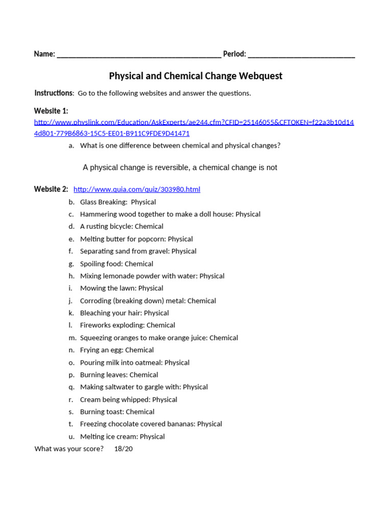 Physical and Chemical Change Webquest PDF | PDF | Ice