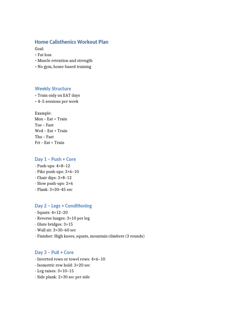 Home Calisthenics Workout Plan for Fat Loss | PDF