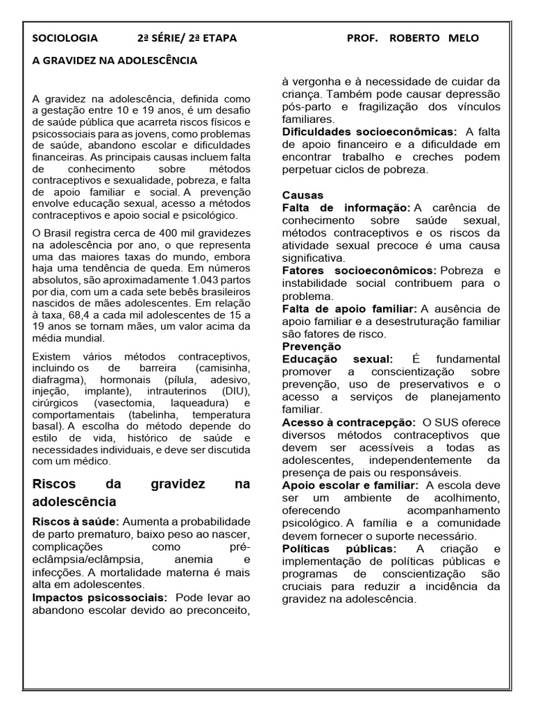 Gravidez Na Adolescência Texto | PDF | Anticoncepcionais | Gravidez