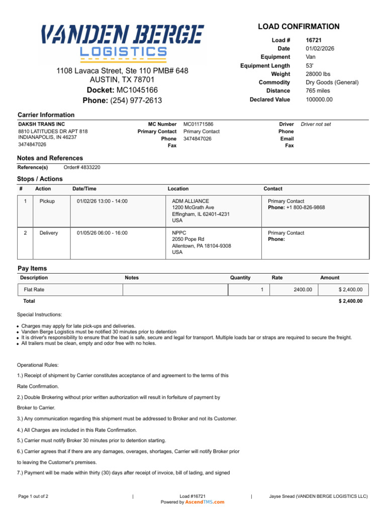 Load Confirmation for Van Transport | PDF | Cargo | Supply Chain Management