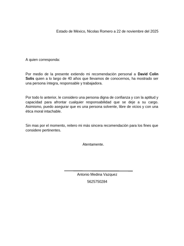 Recomendación personal para David Colin Solis | PDF
