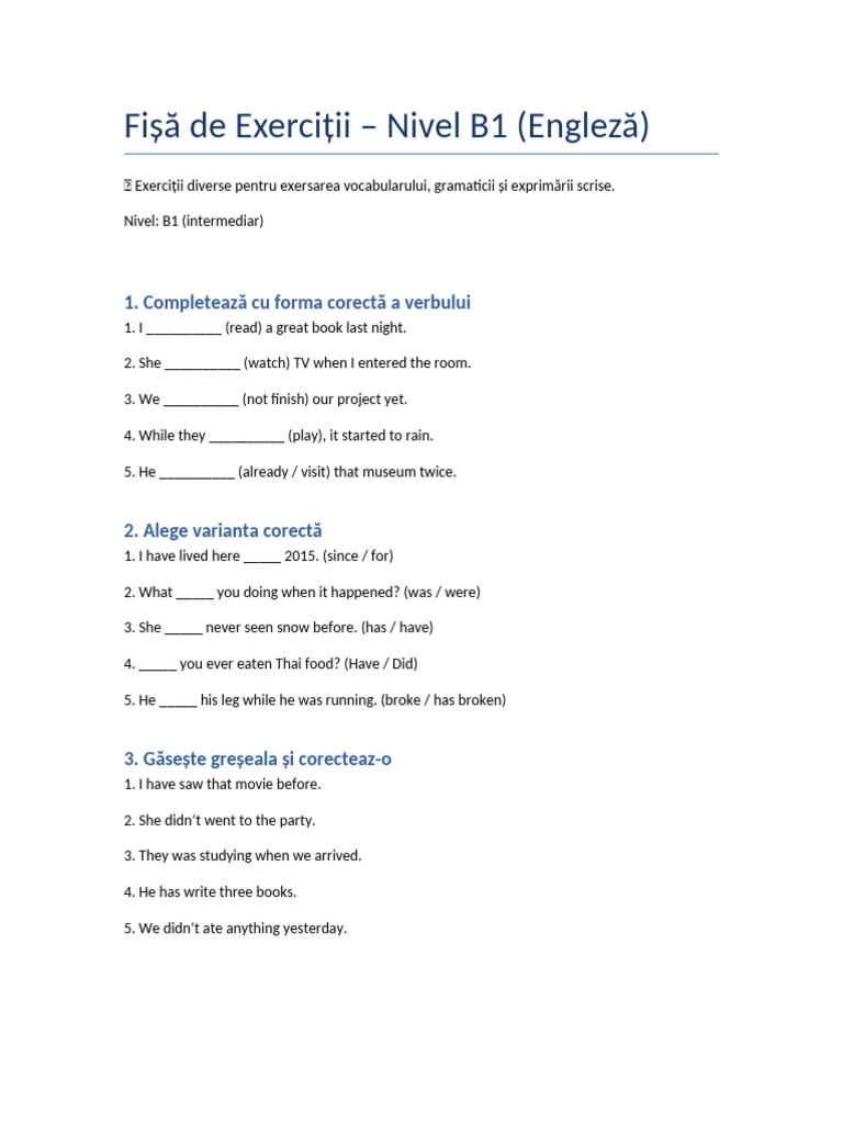 Fisa Exercitii Engleza B1 Ionela | PDF