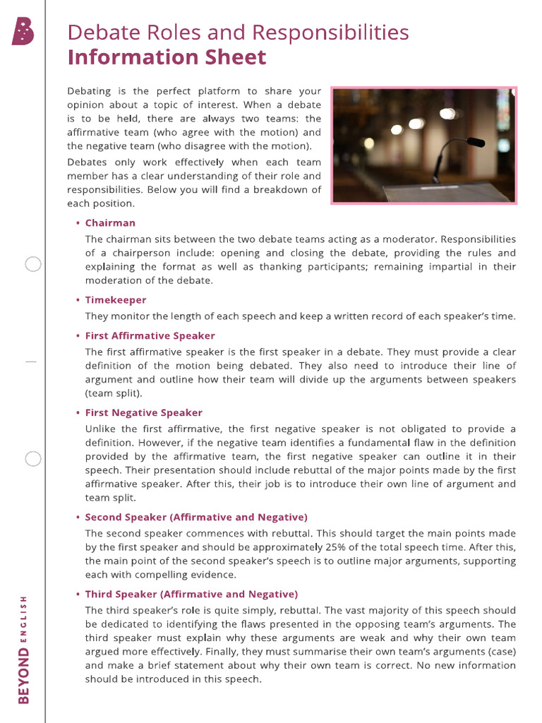 Debate Roles and Responsibilities Info Sheet | PDF