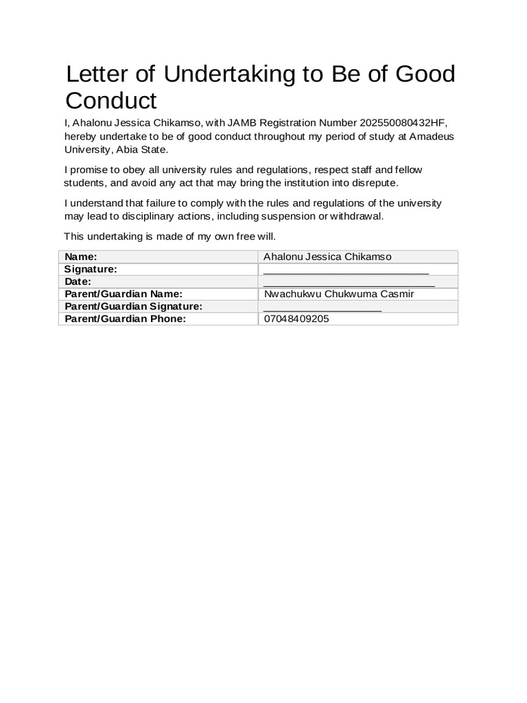 Good Conduct Undertaking Letter Template | PDF