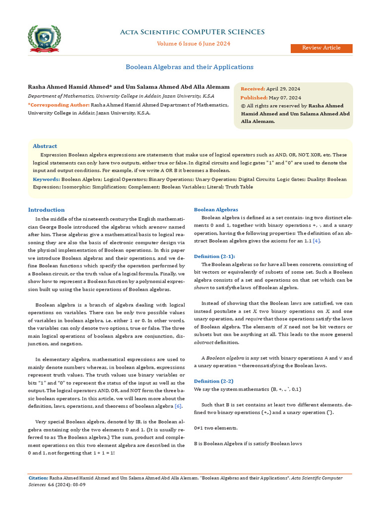 Boolean Algebras: Concepts and Uses | PDF | Boolean Algebra | Teaching ...