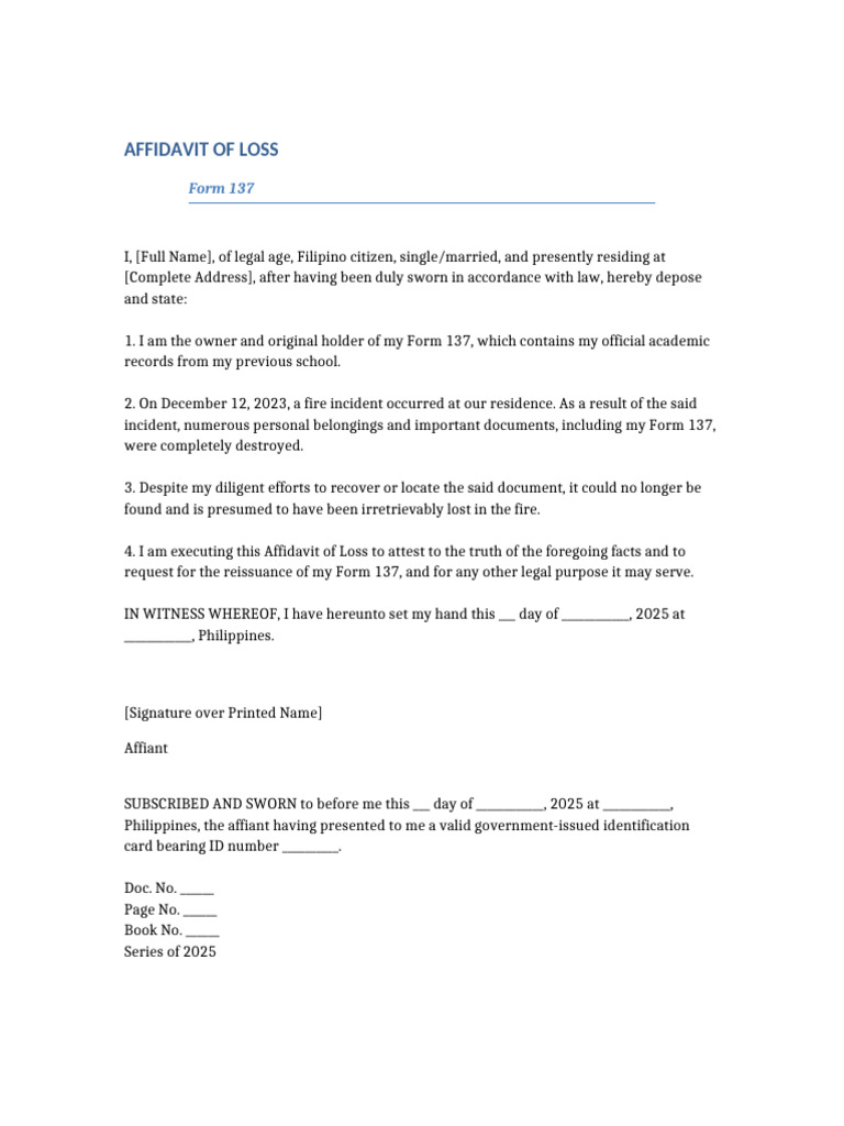 Affidavit of Loss Form 137 | PDF