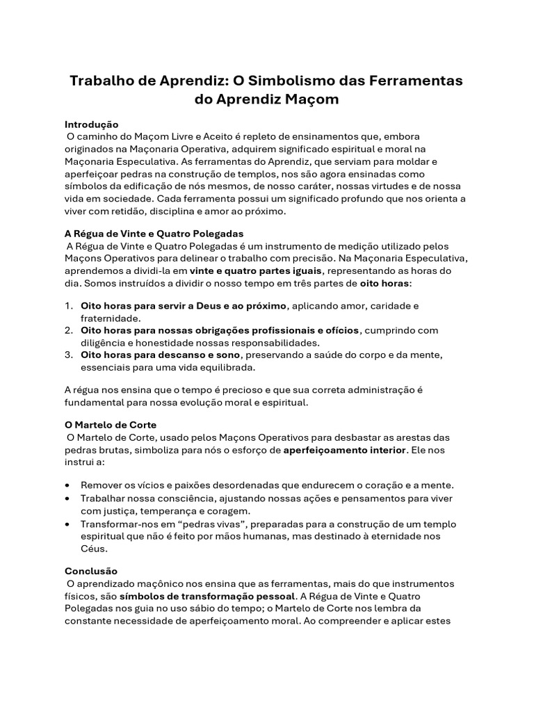 Trabalho de Aprendiz Maçom O Simbolismo Das Ferramentas | PDF