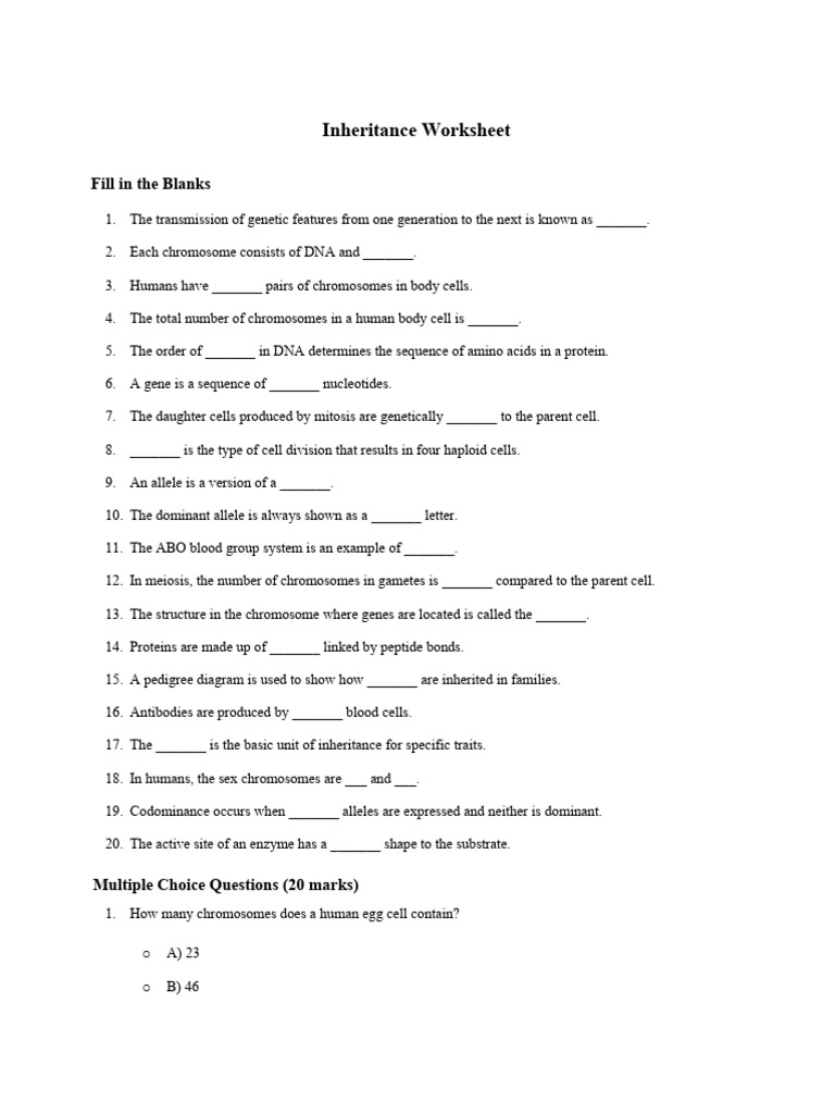 Inheritance Worksheet | PDF | Gene | Genetics