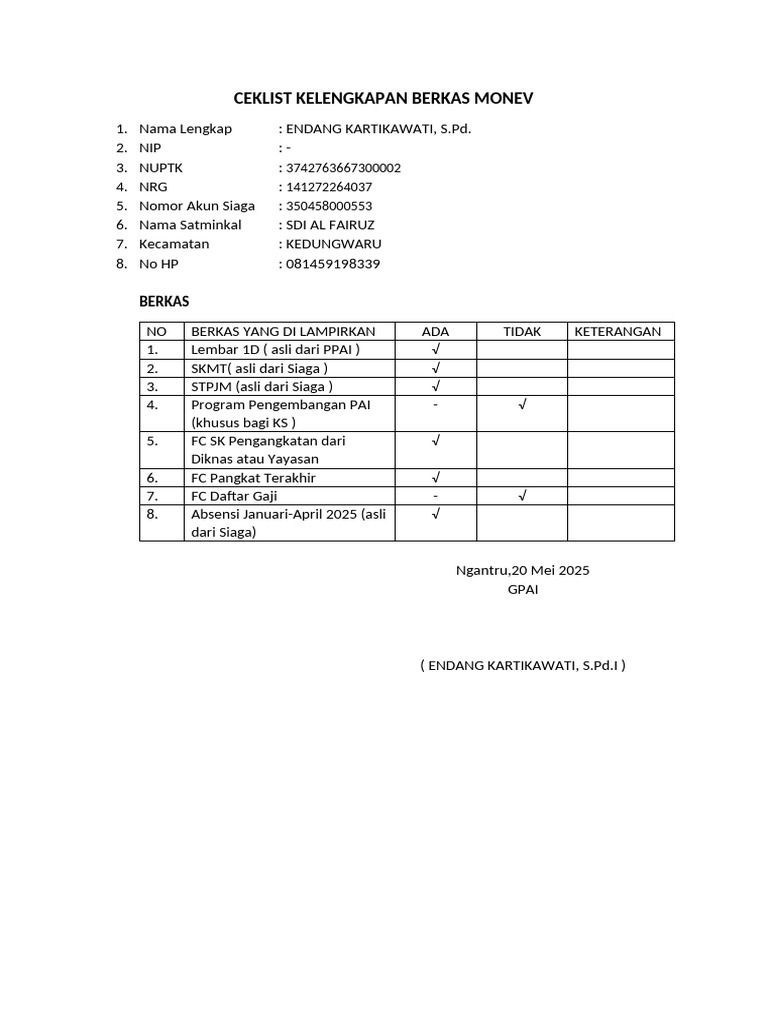 Ceklist Kelengkapan Berkas Monev | PDF