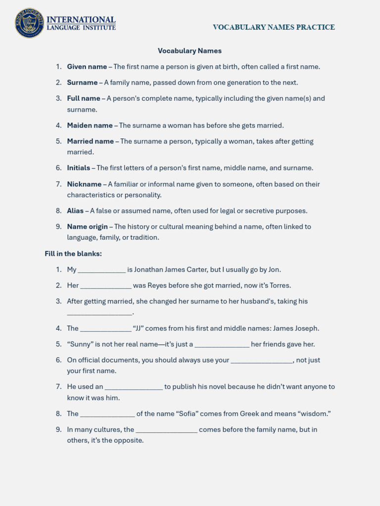 Vocabulary Names and Definitions Guide | PDF
