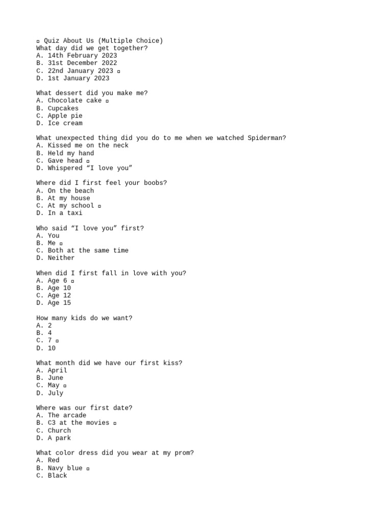 Pasted Quiz About Us Multiple Choice What Day Did We Get Together a ...