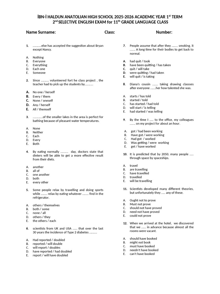 11th Grade Selective English Exam 2025-2026 | PDF