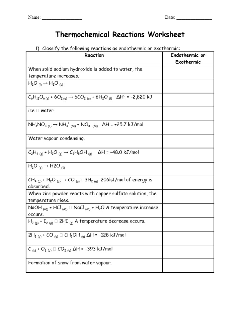 Thermochemical Reactions Worksheet | PDF | Sodium Hydroxide | Chemical ...
