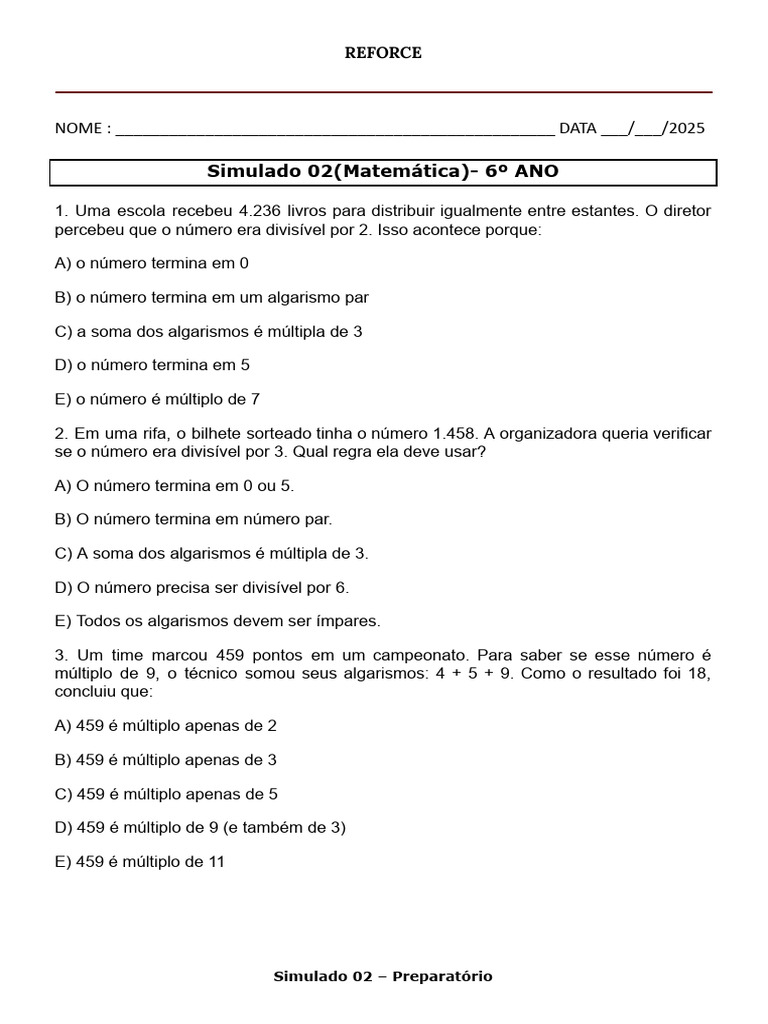 Simulado 2 Preparatório 6°ano (Mat) (3) | PDF