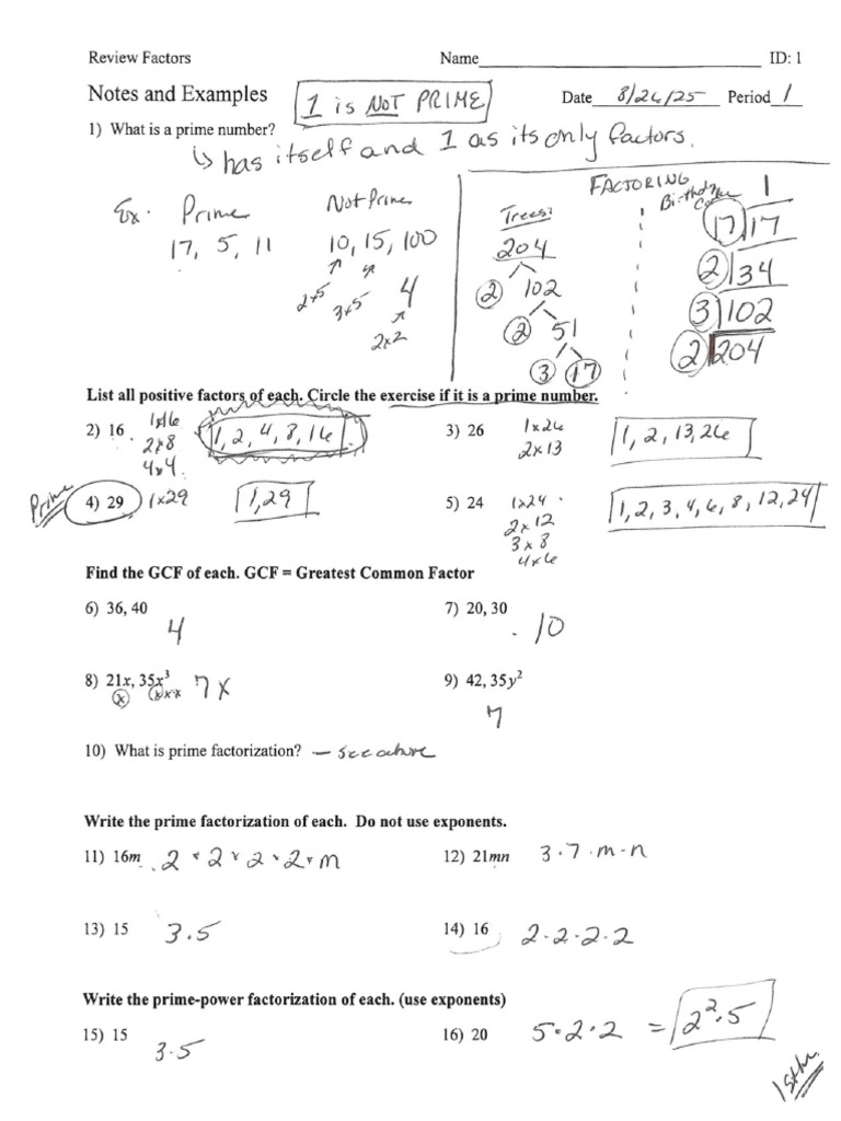 Notes Aug 26 Review Factors and Prime Numbers | PDF