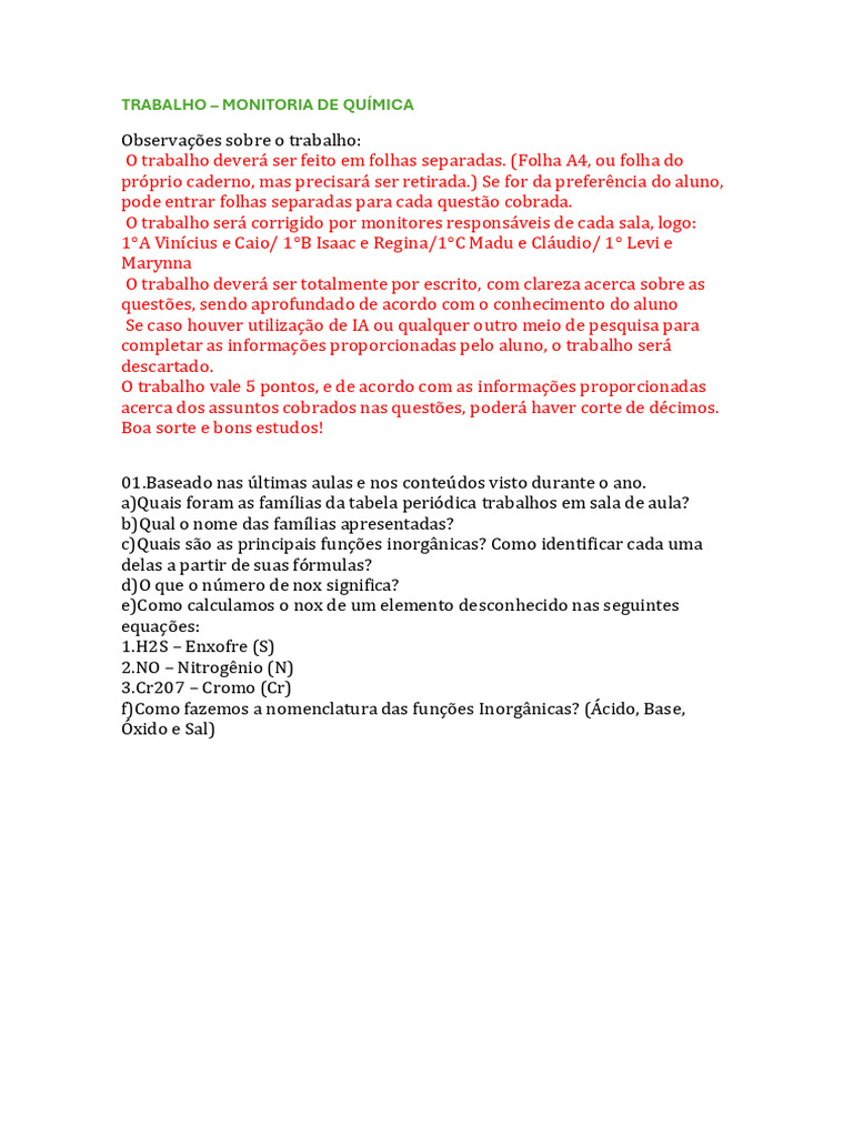 Trabalho Monitoria | PDF | Química | Reações químicas