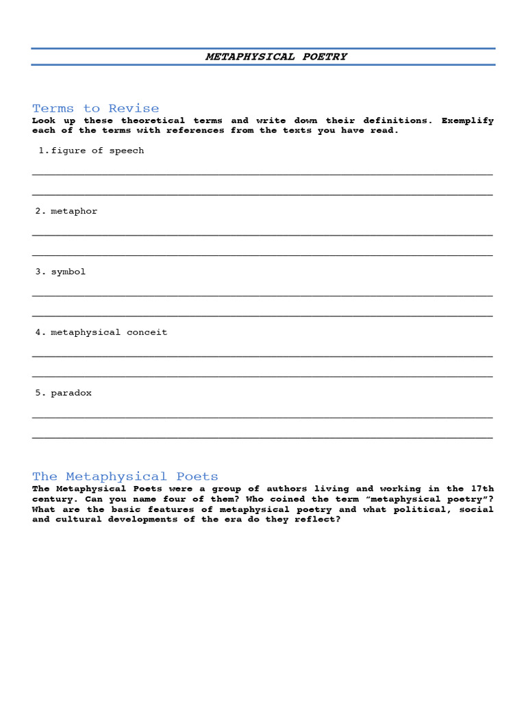 Metaphysical Poetry Handout | PDF | Poetry | Metaphysics