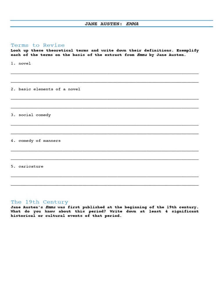 EMMA Worksheet | PDF | Emma (Novel) | Novels About Nobility