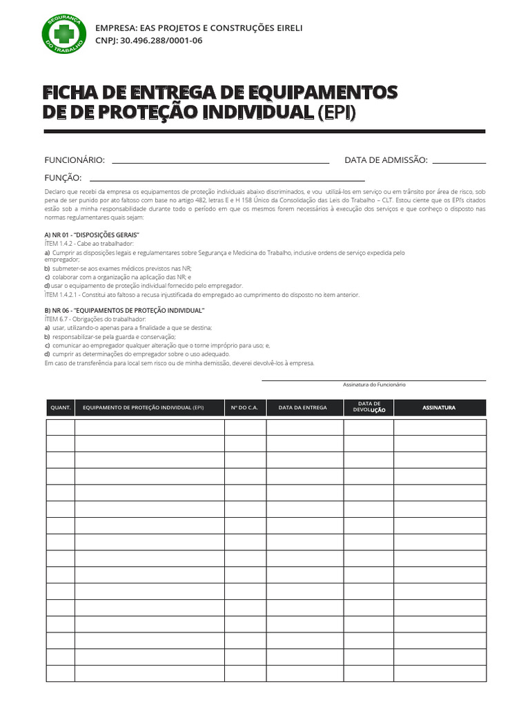 Ficha de EPIs Terceiro - EAS | PDF