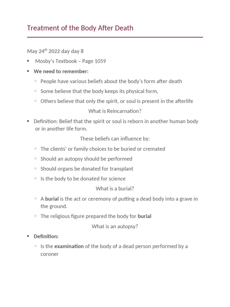 Postmortem Care and Body Treatment | PDF | Organ Donation | Autopsy