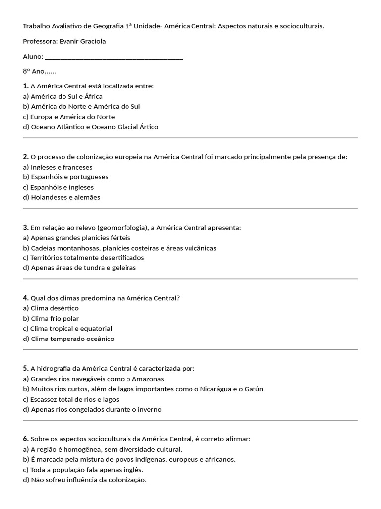 Trabalho de Geografia 8º Ano | PDF | Américas | América Central
