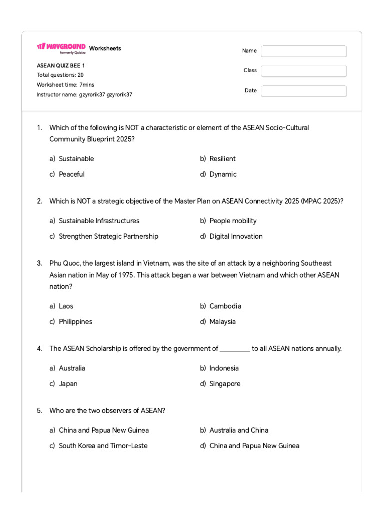 ASEAN Quiz Bee Worksheet | PDF | Southeast Asia | International Relations