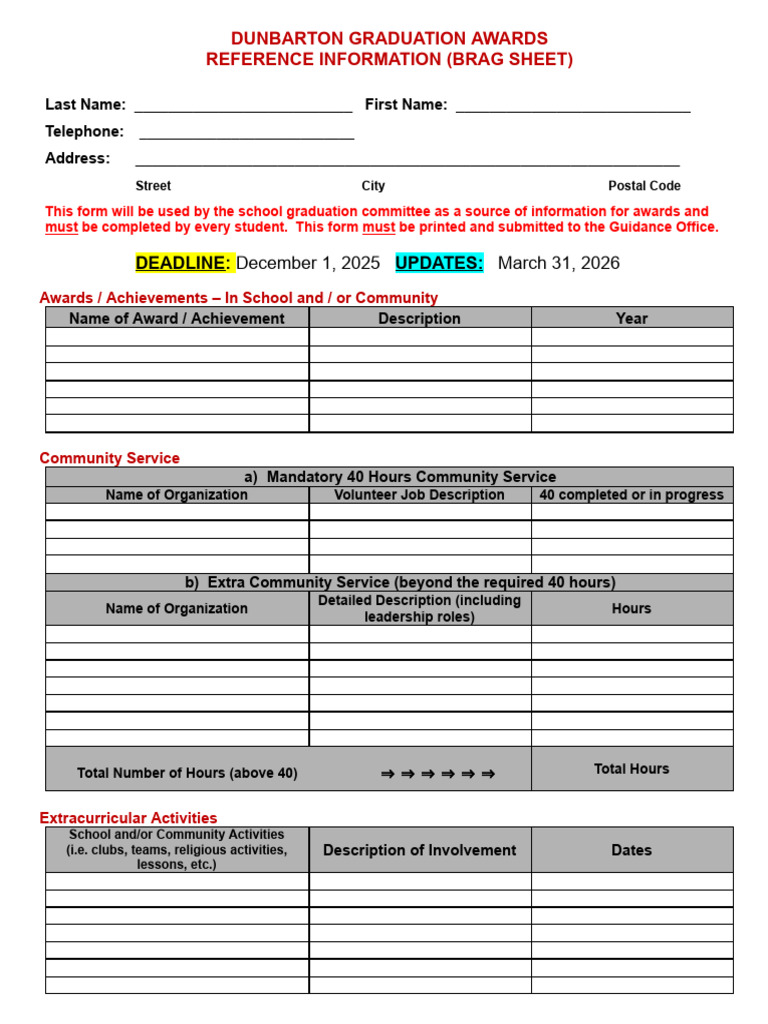 Dunbarton Graduation Awards Form | PDF