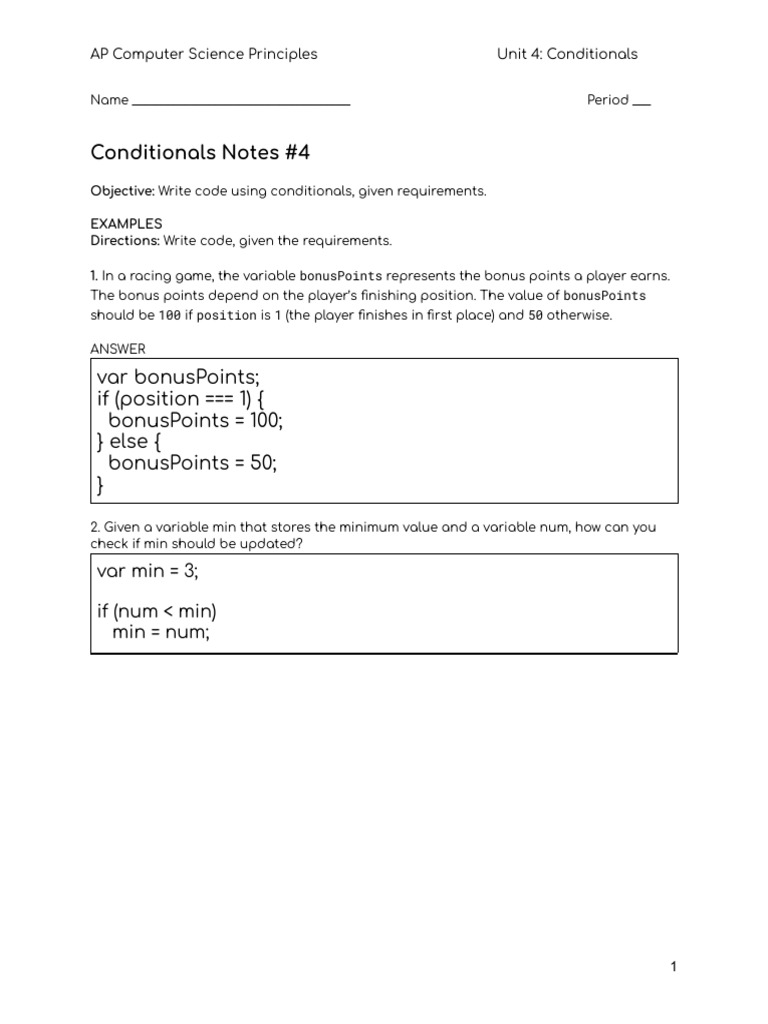 AP Computer Science: Conditionals Guide | PDF | Computer Programming ...