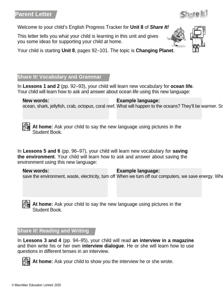 SI TRC5 U8 Parent Letter | PDF | Vocabulary | Natural Environment
