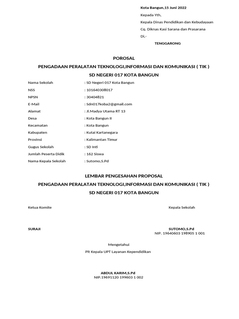 Proposal Pembangunan Ruang Kelas SD 017 Kota Bangun | PDF