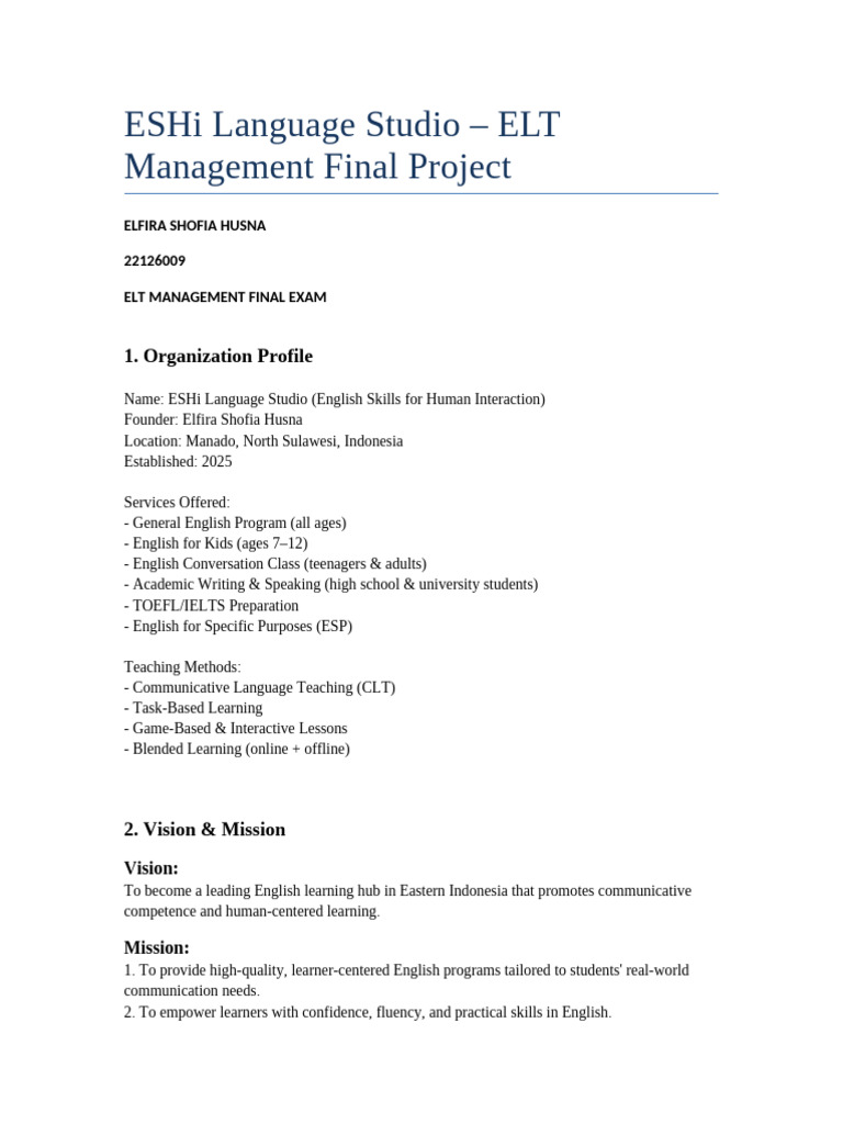 ESHi Language Studio ELT Management Overview | PDF | English As A ...