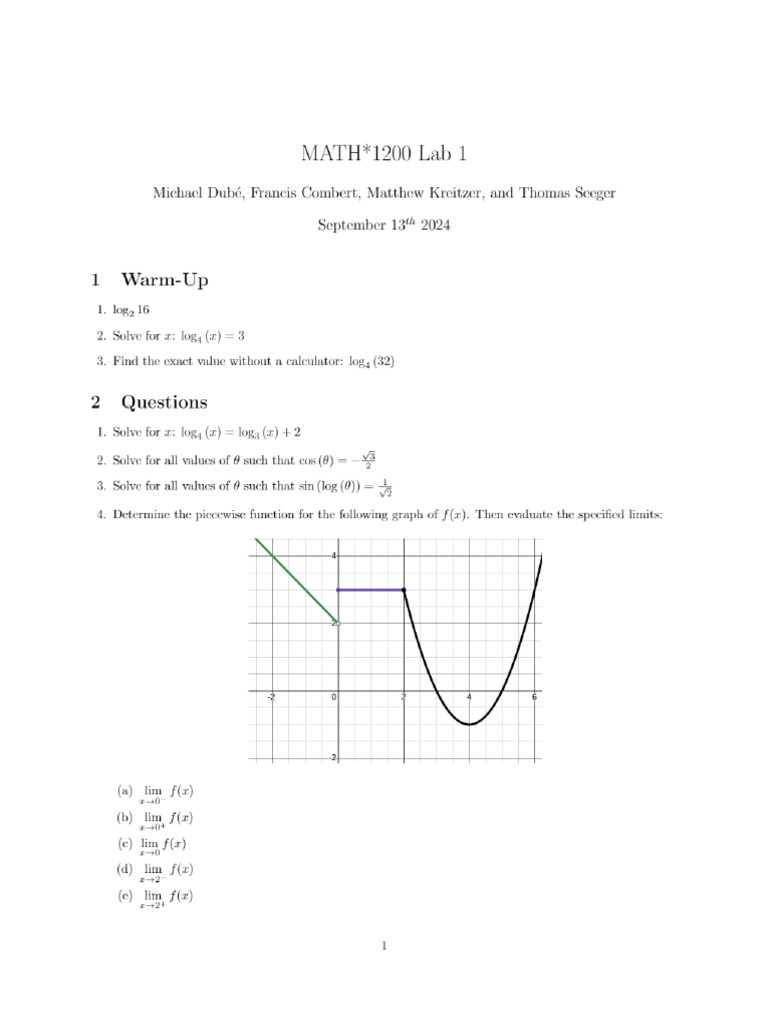 MATH 1200 Lab 1 - Questions - MATH_1200 (01.02.03) F24 - Calculus I | PDF