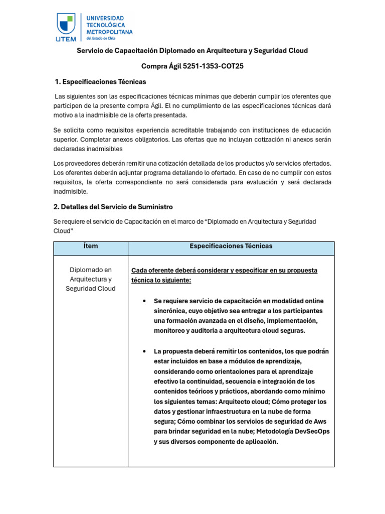 Especificaciones Tec. Servicio de Capacitacion Diplomado en Arqui | PDF | Computación en la nube ...
