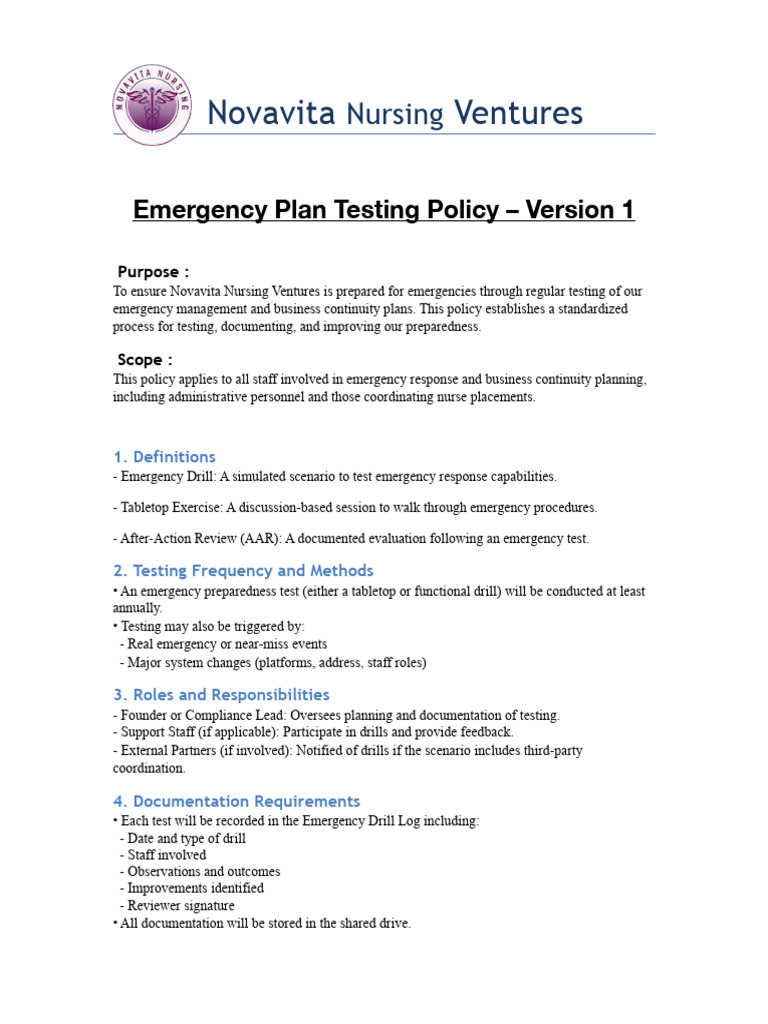 Emergency Plan Testing Policy Novavita | PDF