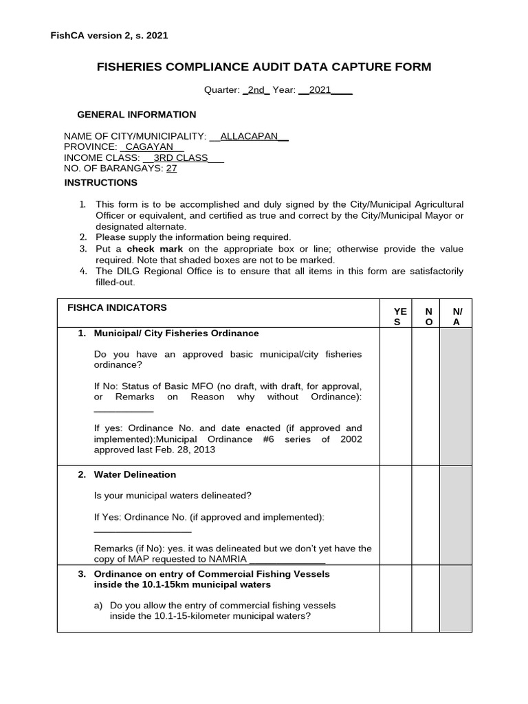Fisheries Compliance Audit Form 2021 | PDF | Fish And Humans | Fish
