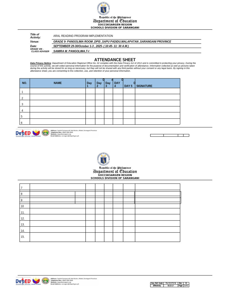 ARAL Reading Program Attendance Sheet | PDF