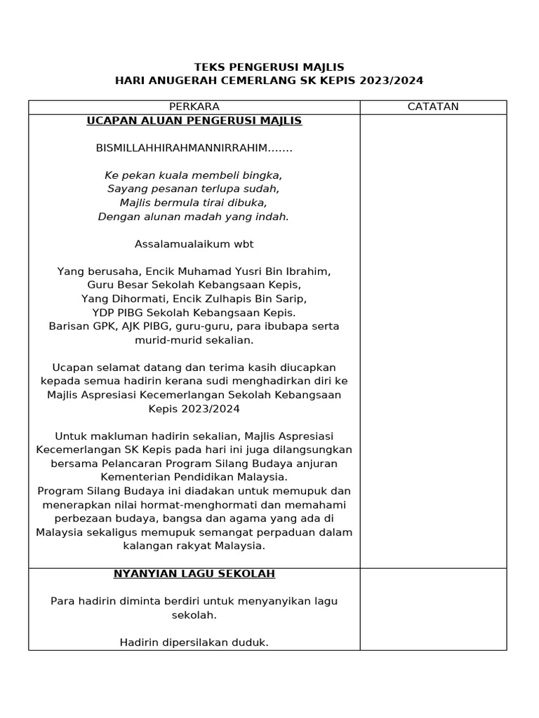 Teks Pengerusi Majlis 2023 2024 Final | PDF