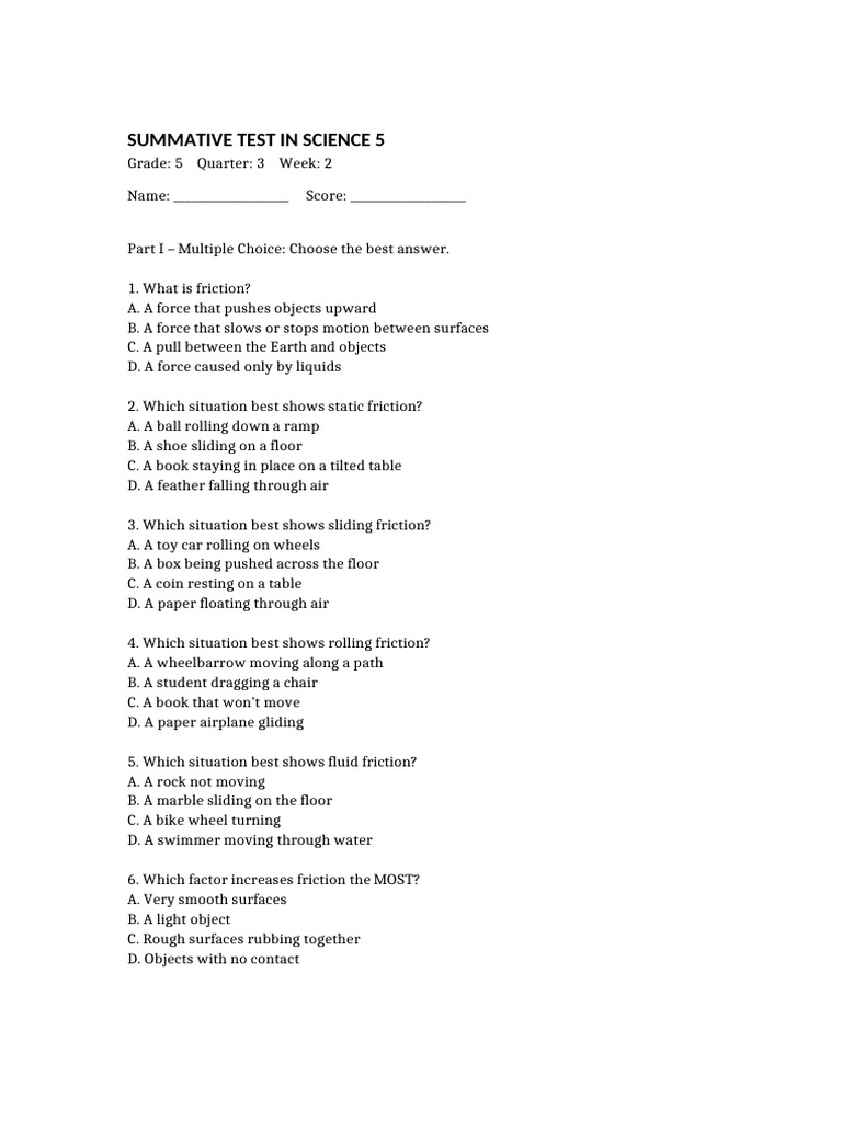 SUMM_TEST SCIENCE 5 Q3 W2 | PDF | Friction | Force