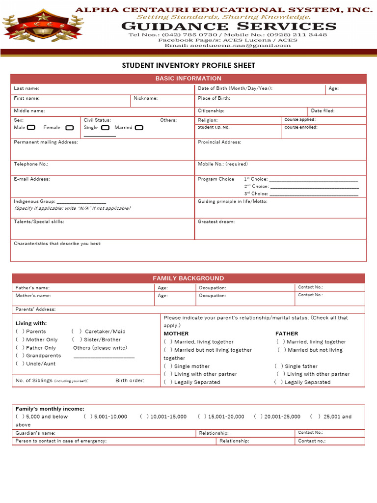 Student Inventory Profile Sheet | PDF | Family | Human Development