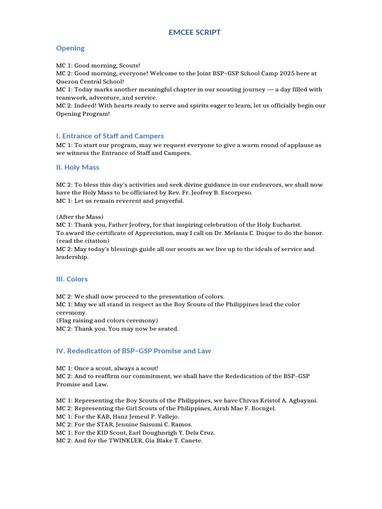 Joint BSP-GSP Camp 2025 Emcee Script | PDF | Mass (Liturgy) | Christian ...
