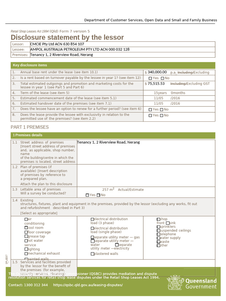 Approved Form 7 Lessor Disclosure Statement | PDF | Lease | Leasehold ...