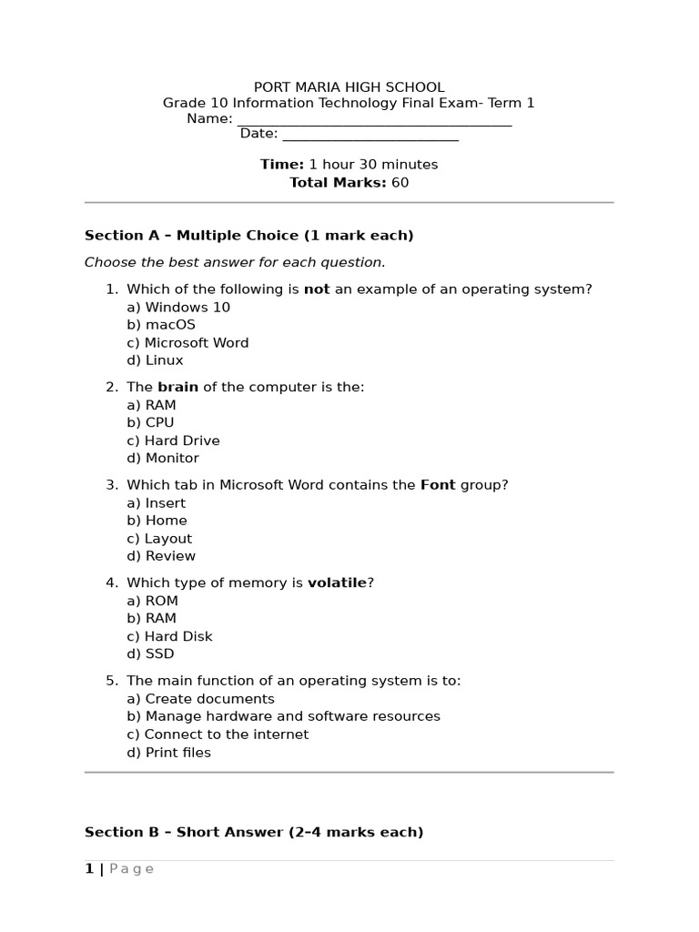 Grade 10 IT Exam: Port Maria High School | PDF | Operating System ...
