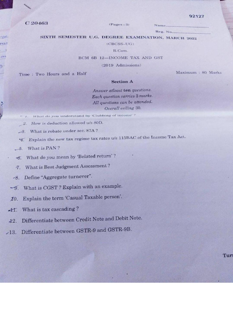 Income Tax and GST Previous Year Question Paper | PDF