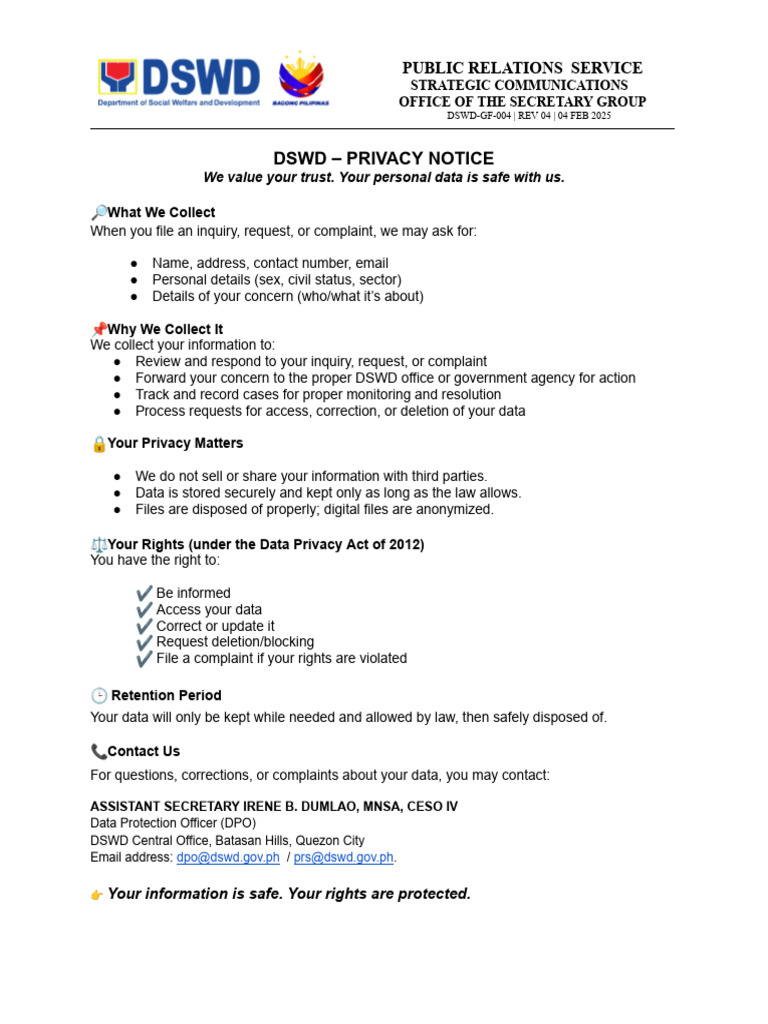 DSWD Privacy Notice and Data Rights | PDF