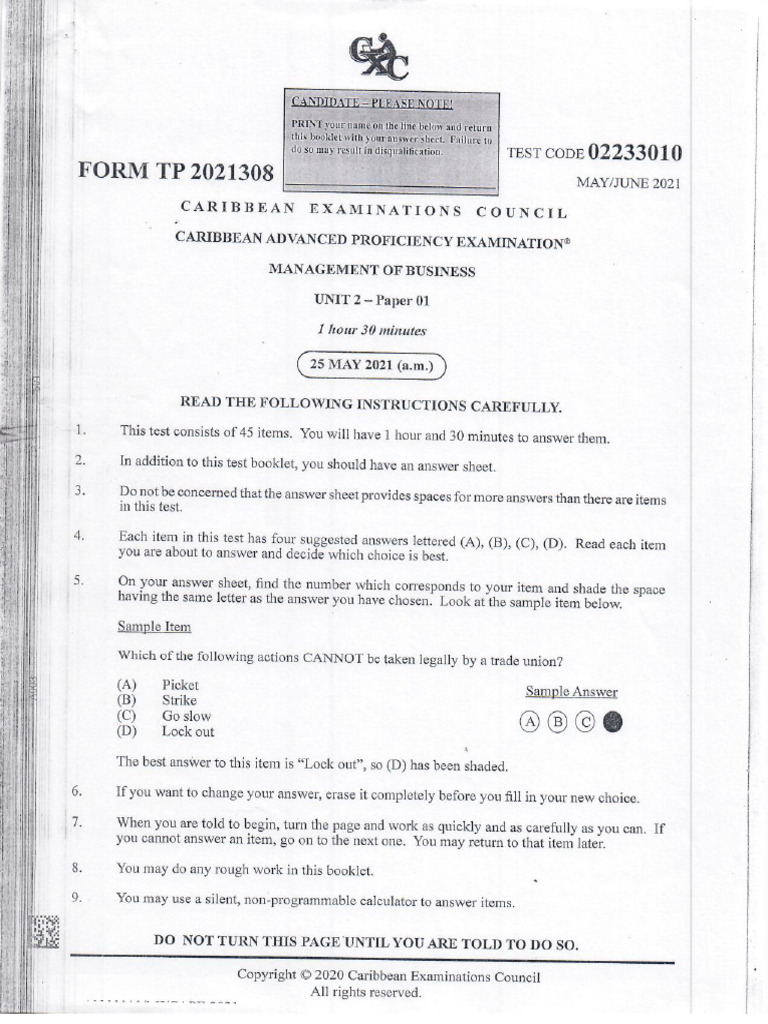 CAPE Management of Business U2 P1 2021 MJ | PDF