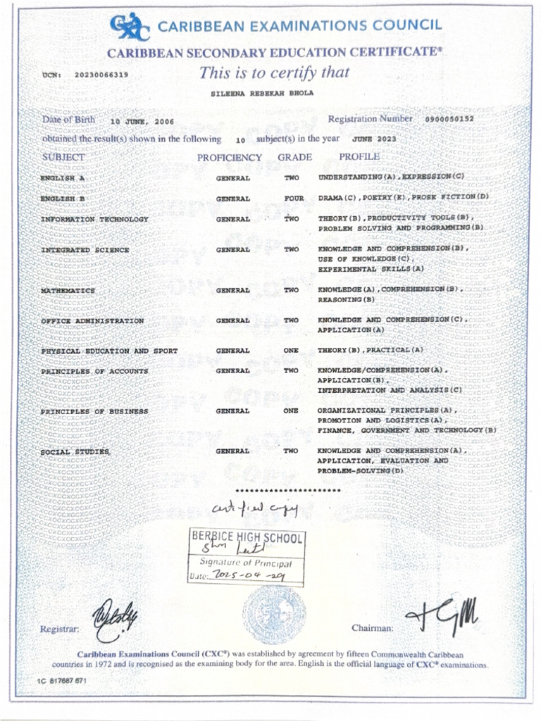 CSEC Results of Sileena Bhola | PDF